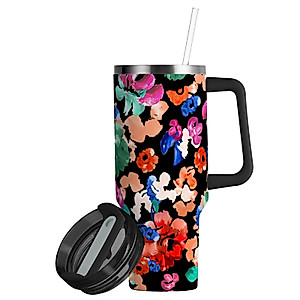 Yasala Car Tumbler with Handle Watercolor Rainbow Color Flower Travel Mug Coffee Cup Insulated Beverage Container Mega Cup for Hot Cold Drinking Thermos Water Bottle Cupholder Friendly 40 oz