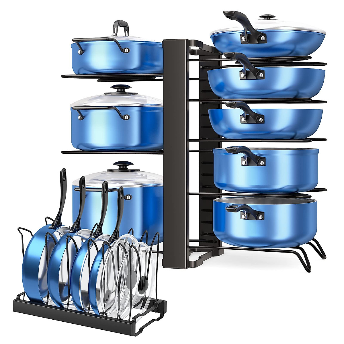 Bathmart Pots and Pans Organizer, 3 DIY Methods 8 Tier Pan Organizer Rack for Cabinet, Heavy Duty Pan Organizer Space Saving Pot Lid Organizer, Non-Slip Pot Rack for Kitchen Organization & Storage