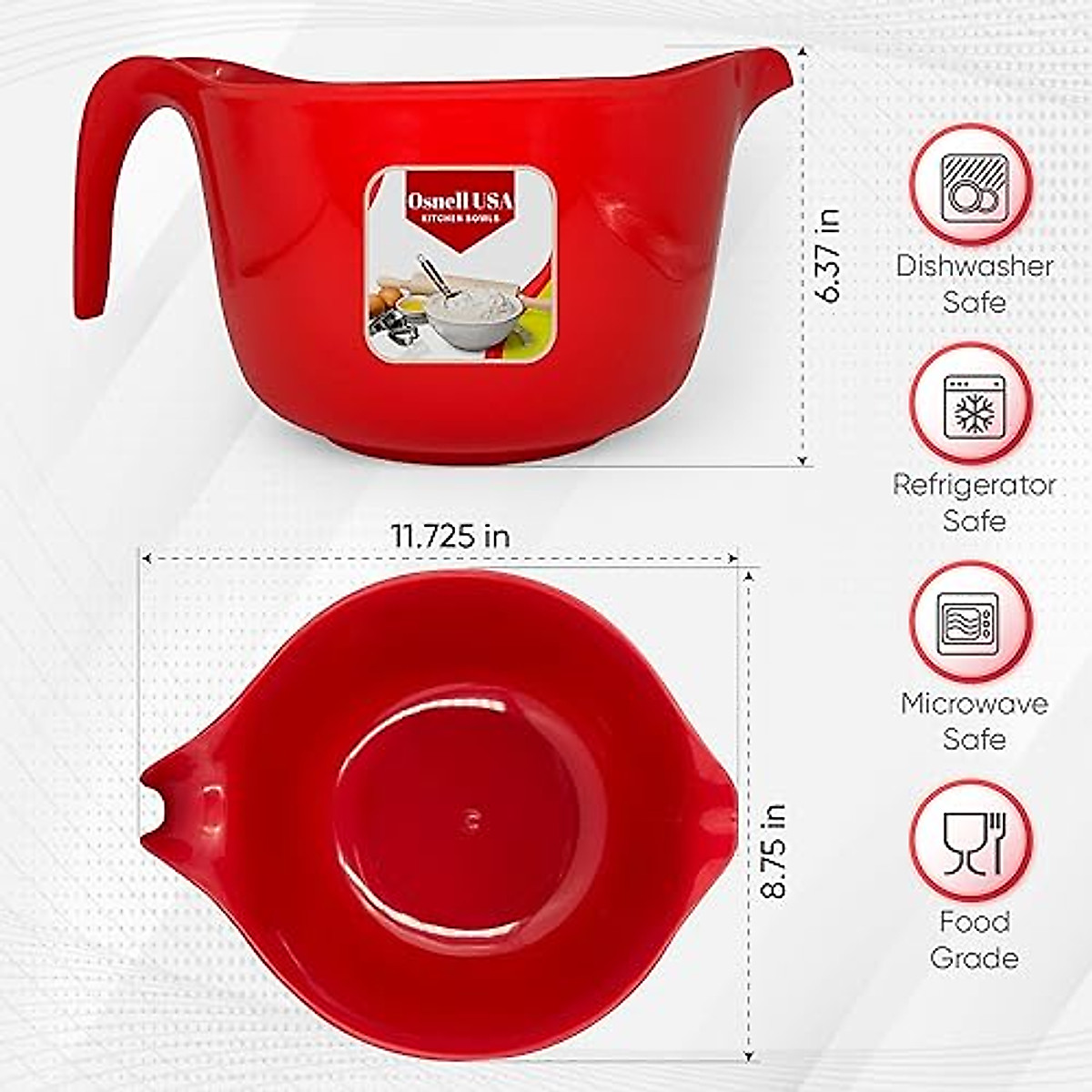 Large Mixing Bowls with Handles, 2 Pcs Microwave Safe 3.6 qt - Plastic Nesting Bowls for Kitchen, Batter Bowls, Easy to Clean, White & Red