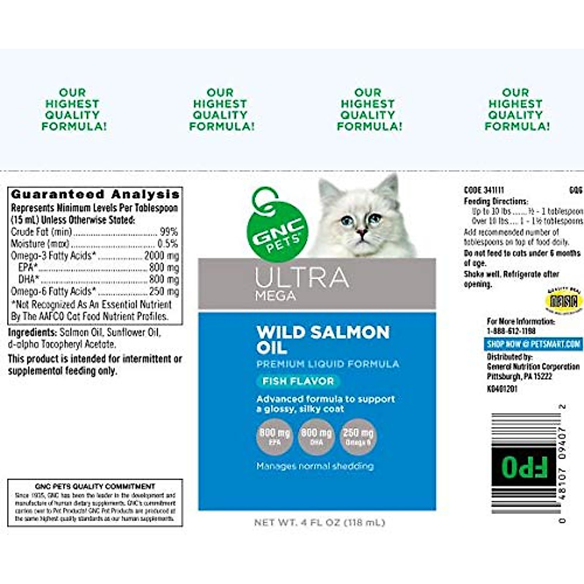 GNC Pets Ultra Mega Wild Salmon Oil Liquid Cat Supplement, 4 Ounces - Fish Flavor | Packed with EPA, DHA & Omega-3 Fatty Acids | Healthy and Natural Pet Supplements