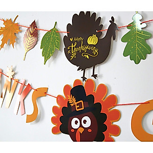 Thanks Giving Banners(Pre-Assembled) Maple Leaves Pumpkins Turkeys Banner for Thanksgiving Day, Happy Thanksgiving Fall Party Sign Banner Garland Decoration for Mantle Dinner Table Fireplace