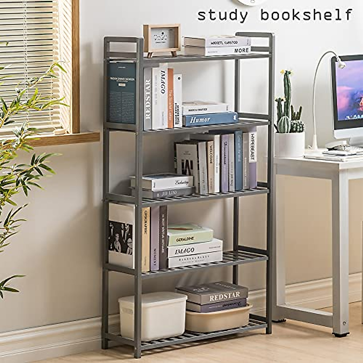 IOTXY Adjustable Multifunctional Shelving Unit - Small 4-Tier Bamboo Freestanding Shelf, Bathroom Towel Storage Shelves, Kitchen Organizer, Living Room Open Bookshelf, Entryway Shoe Rack, Light Green