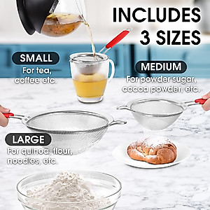 Zulay Kitchen Premium Stainless Steel Fine Mesh Strainer Set - Strainers For Kitchen (Set of 3) With Non-Slip Handles - Includes A Small, Medium & Large Fine Mesh Sieve Set - Durable Metal Strainer