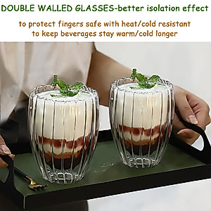 Glass Coffee Mugs, 10oz Latte Cappuccino Cups Set, Vintage Striped Double Glass Insulated Coffee Mug Borosilicate Glass Cups for Espresso, Beverage, Milk, Tea, Juice, Christmas Thanksgiving Gifts