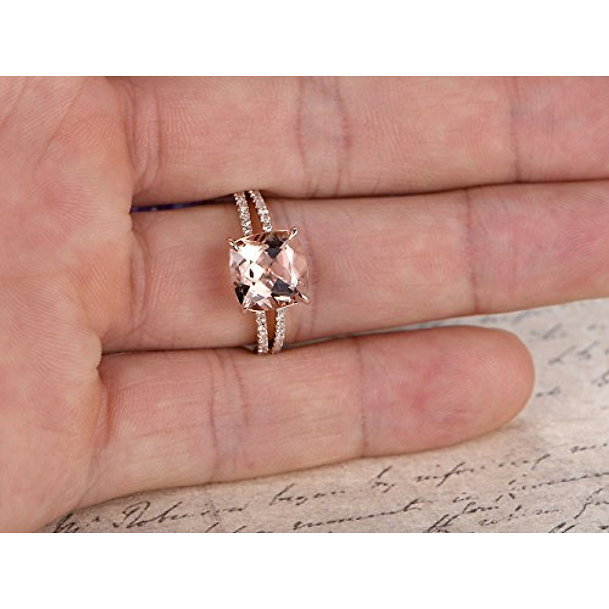 Pink Morganite Engagement Ring,8mm Cushion Cut Stone,Solid 14K Rose Gold,Split Shank Band