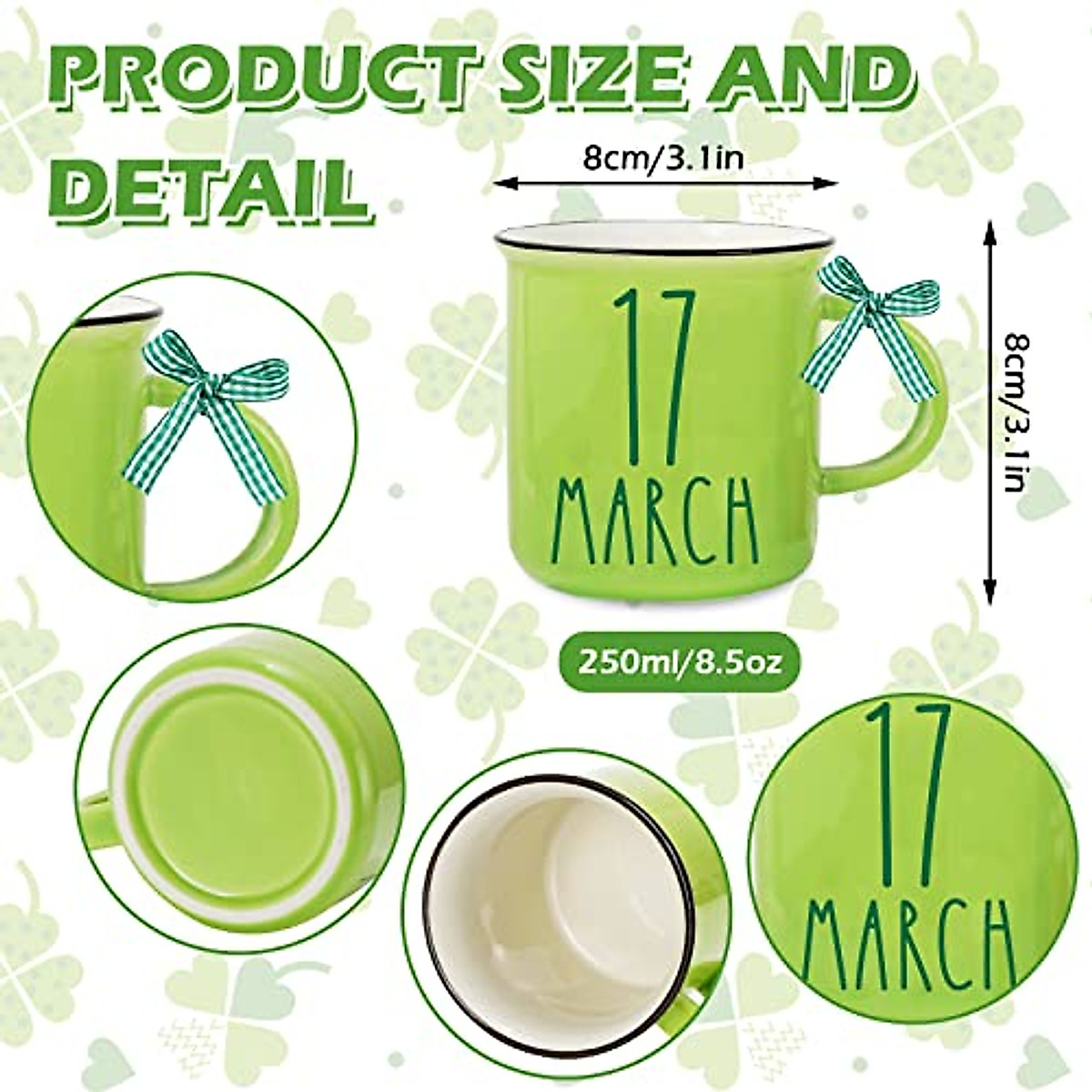 Whaline 6Pcs St. Patrick's Day Mini Coffee Mug with Ribbon Shamrock St. Patrick's Day Mini Mug Green White Lucky Clover Tiered Tray Decor for Irish Holiday Table Centerpieces Decor Housewarming Gift