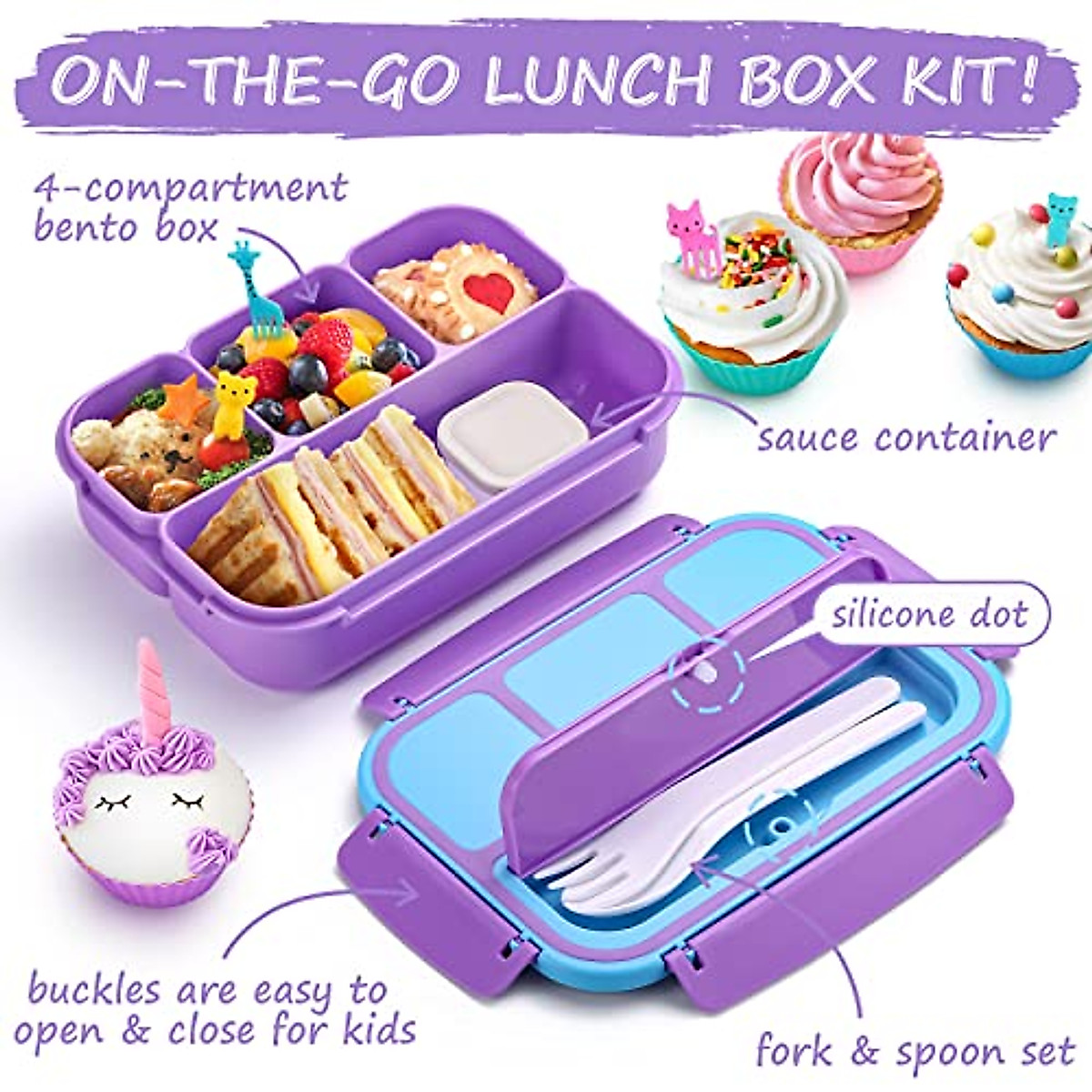QQKO Bento Lunch Box for Kids Girls Boys, Toddler Kids Lunch Boxes for School, Lunch Containers for Adults Kids with 4 Compartments, Sauce Container, Utensils, Food Picks and Muffin Cups, Purple
