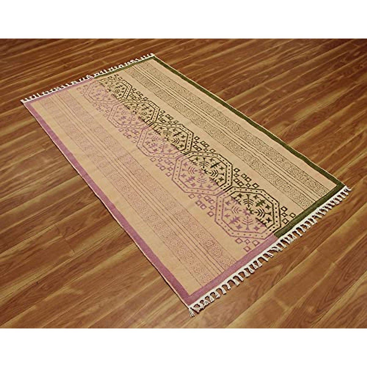 Casavani Hand Block Printed Rug Geometric Green & Pink Tassel Rug Boho Area Rug Easy Care Washable Rugs for Doormat Entryway Living Room Bedroom Hallway Balcony 4x10 Feet Runner