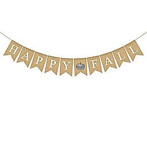 Happy Fall Banner Buffalo Check Plaid Jute Burlap Pumpkin Thanksgiving Farmhouse Mantle Fireplace Garland Decoration