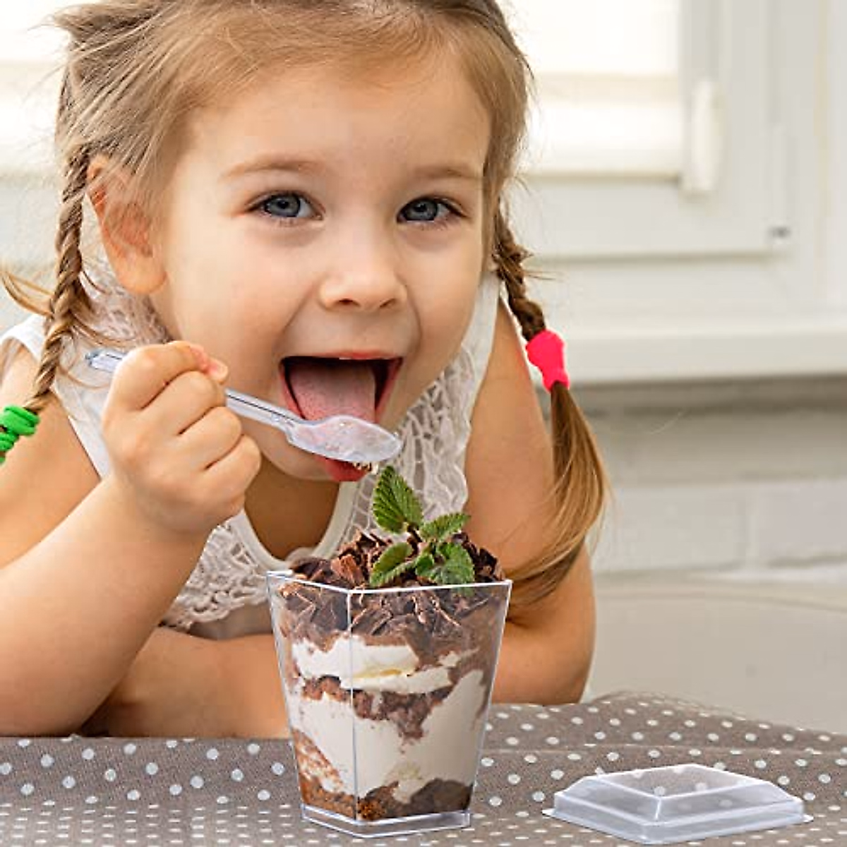 150 Pack 5.6, 3, 2 oz Mini Square Dessert Cups with Lids and Spoons Clear Plastic Parfait Cups Disposable Appetizer Cups Small Dessert Shooter Cups for Serving Party Pudding Fruit and Ice Cream