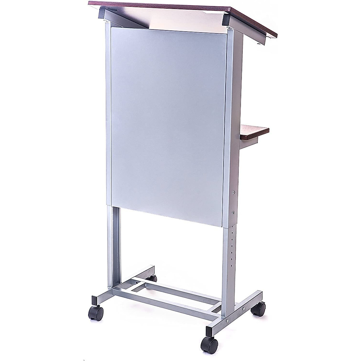 Stand Up Desk Store Mobile Adjustable Height Rolling Lectern Podium with Heavy Duty Steel Frame (Silver Frame/Dark Walnut Shelves, 25.5" Wide)