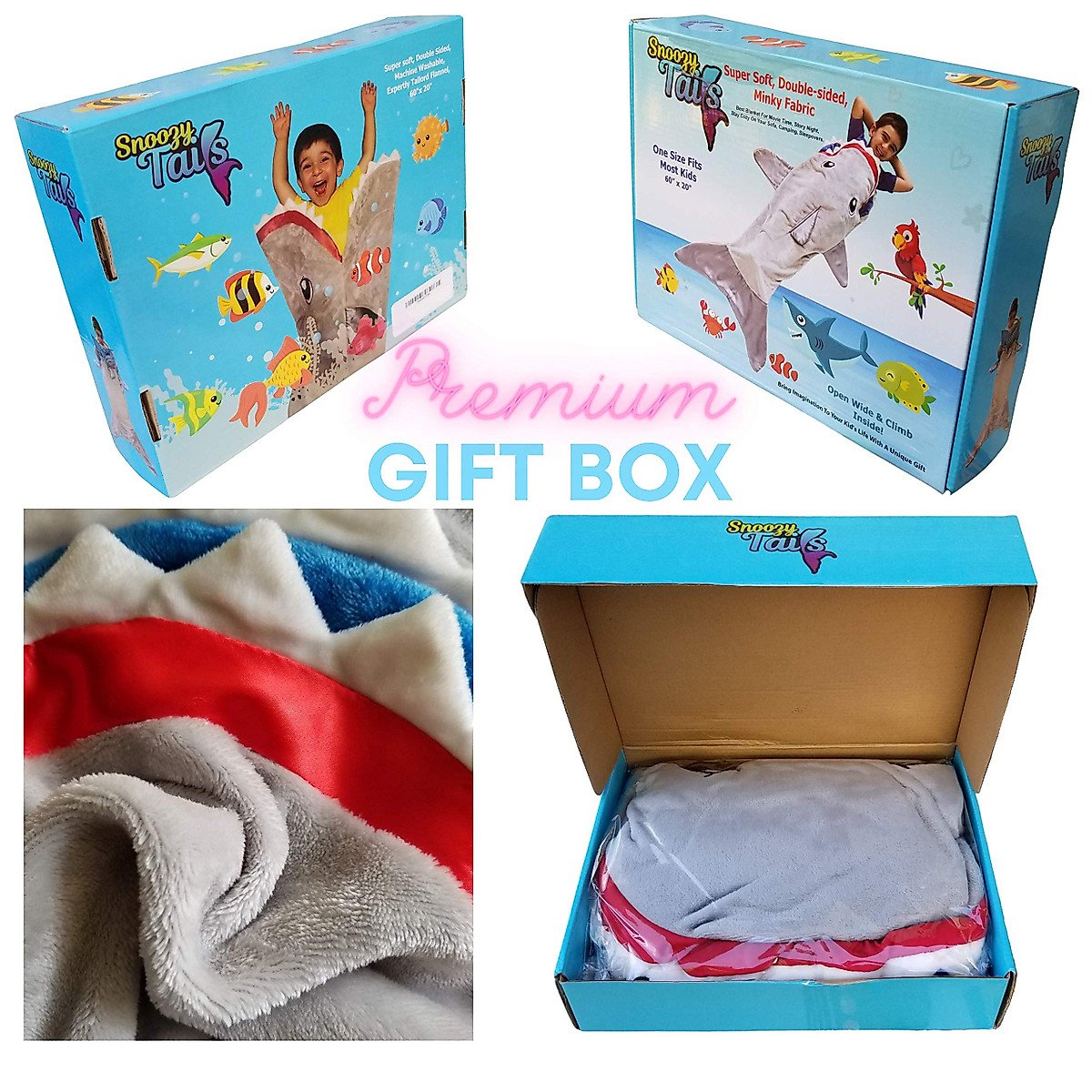 Shark Tail Animal Blanket for Boys. Soft Plush Shark Sleeping Bag Blanket for Kids with Gift Box. Blankie Fun Fin Gray. Snuggle Double-Sided Minky Fabric. Cozy for Boys Kids