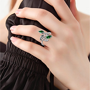 AOBOCO 925 Sterling Silver Emerald Green Rings for Women CZ Leaf Birthday Ring Jewelry Packaged with Jewelry Box Mothers Day Gifts Adjustable ring dimensions for Women Wife(6# to 9#)