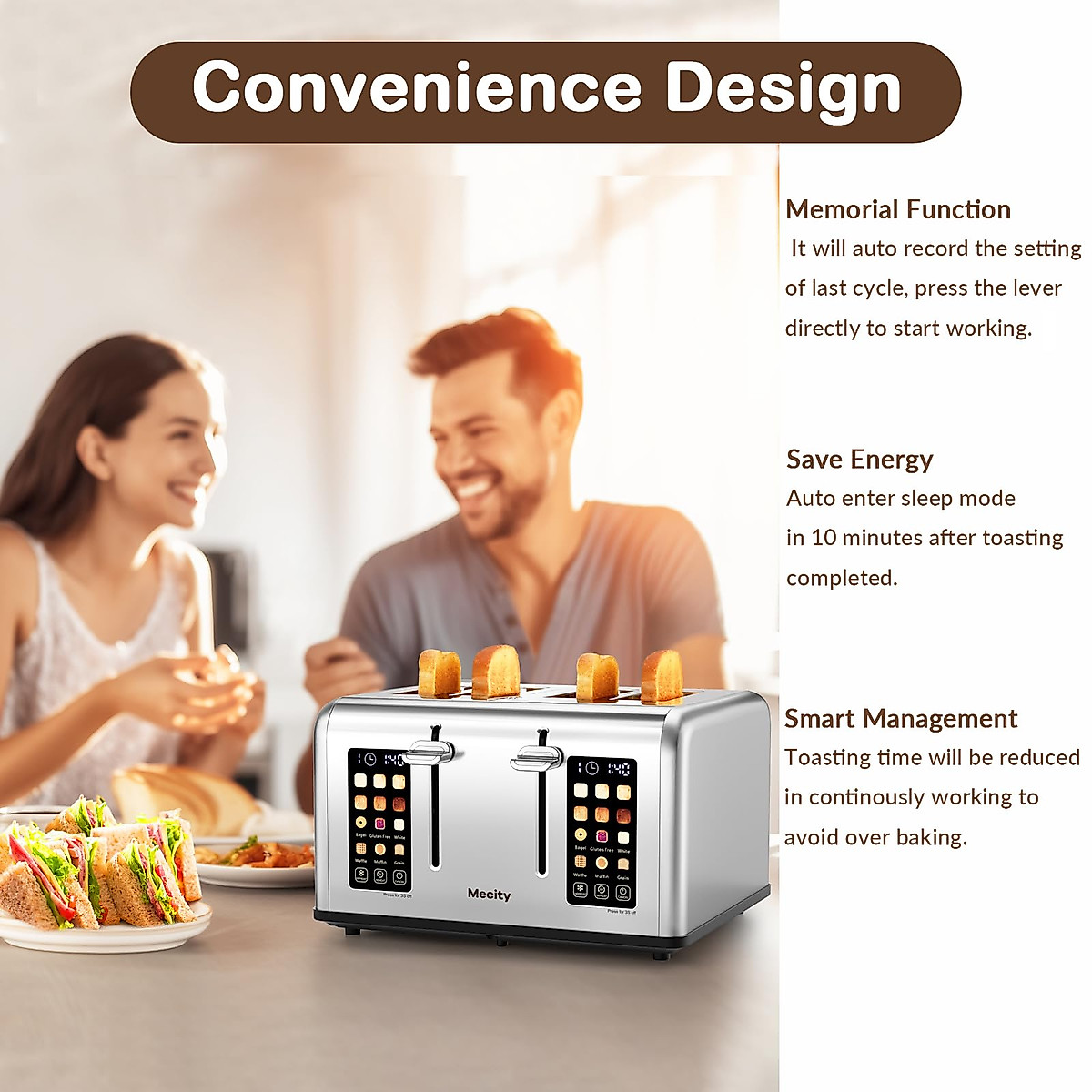 Mecity 4 Slice Toaster Touch Screen Control 4 Wide Slot, Stainless Steel Smart Bread Toaster for Bagel Muffin Waffle, Dual Control Pannel, Timer, Defrost, Reheat, 120V 1650W