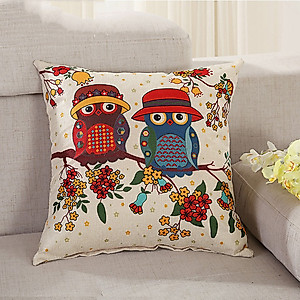Bursonvic Cartoon Pattern Throw Pillow Case Cushion Cover Square Home Farmhouse/Modern Decorative Cotton Linen Pillowcase for Sofa/Bench/Couch (Owl Old Couple, 18" x 18")