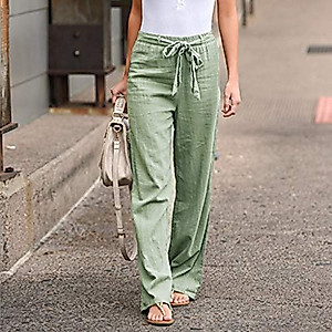 Yoga Pants Women Straight Leg Cotton Linen Sweatpants Waistband Elastic Solid Color Long Loose Bottom Trousers for Women Work (Green, XL) Same Day Delivery Items Prime GiftsGifts Under Five Dollars