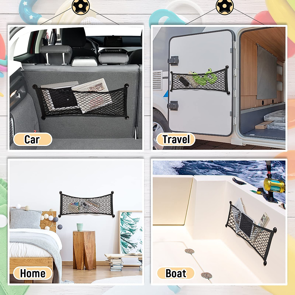 Frienda 2 Pieces Stretchable Small Cargo Net Pocket Storage Mesh Net Elastic Automotive Storage Pouch with 8 Pieces Mounting Screws and Hooks for Truck Car SUV Boats(25 x 9.8 Inches)