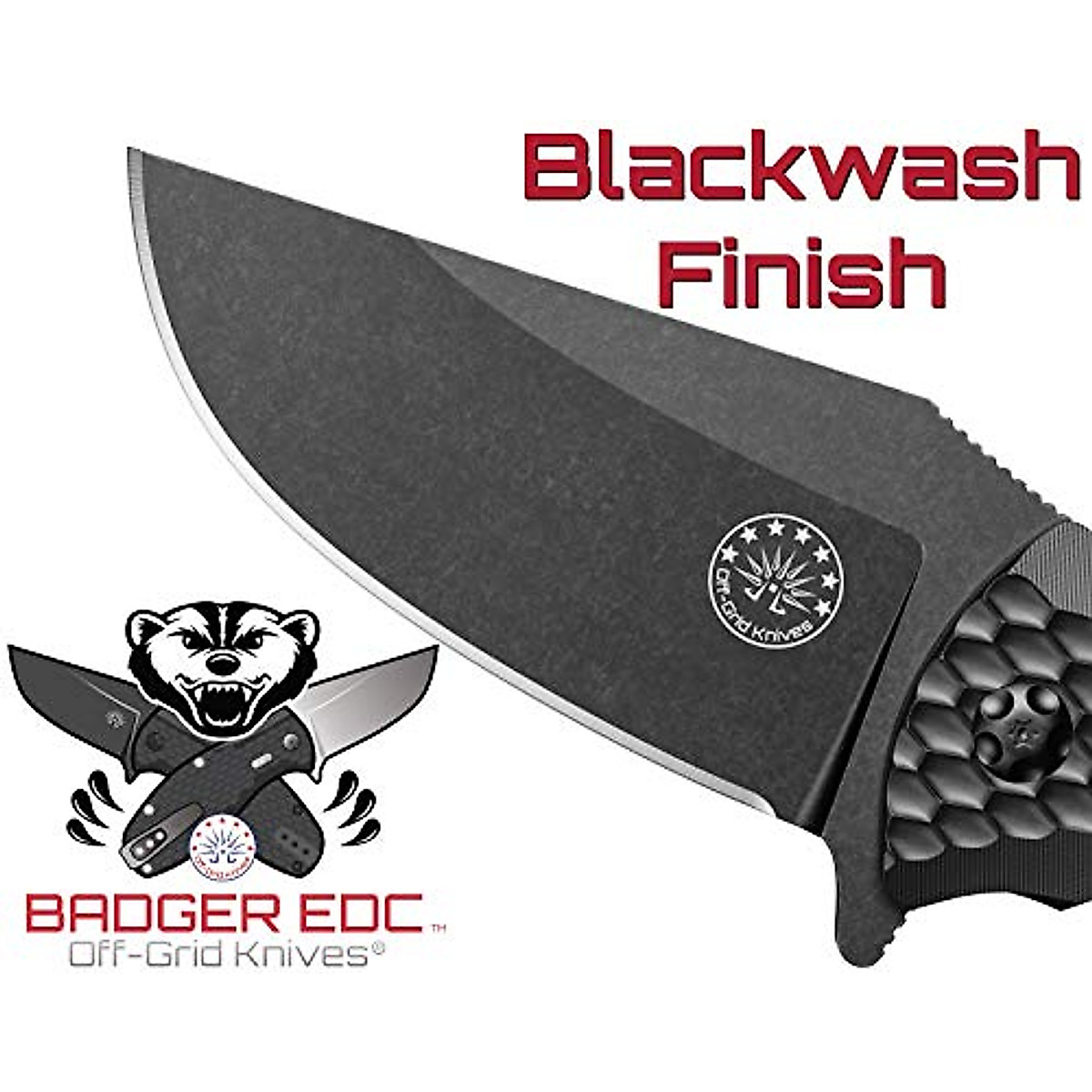 Off-Grid Knives - Badger EDC Knife, Cryo D2 Blade Steel, Grippy G10 Scales, Safety Grid-Lock, Reversible Tip-Up Deep Pocket Clip (Blackwash)