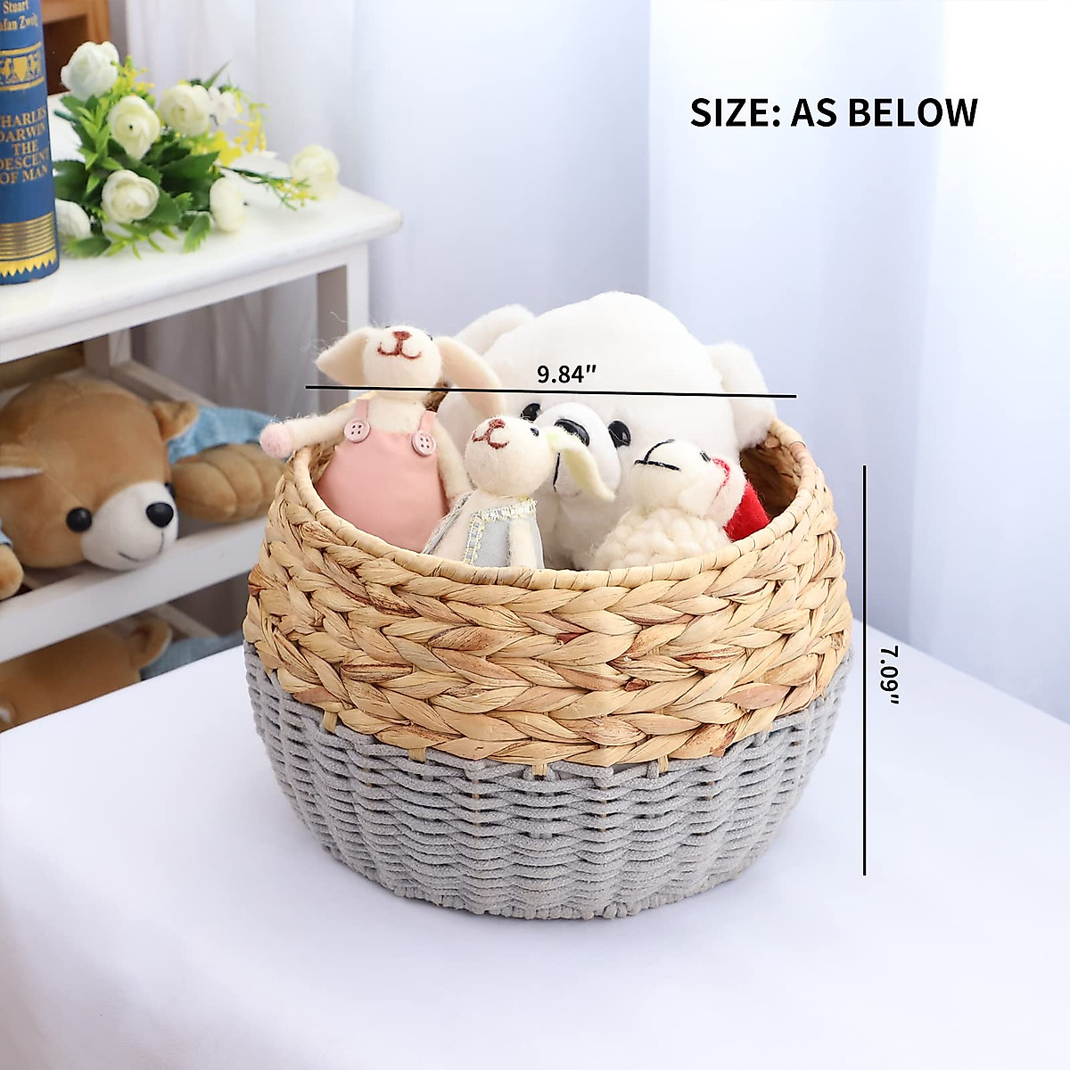 YAHUAN Round Woven Water Hyacinth Storage Basket - Cotton Rope Wicker Decorative Basket for Organizing Blankets - Living Room Bathroom (Grey)