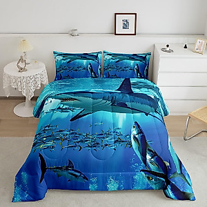 Erosebridal Blue Ocean Bedding Set Twin Size,3D Shark Duvet Insert Underwater Scenery Comforter Set Nautical Sea Animal Aquarium Quilted Duvet Coastal Creature Marine Life Bedroom Decor
