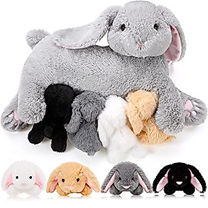 HyDren Nursing Bunnies Stuffed Animal Set: Soft, Cuddly Plush Mommy & 4 Baby Rabbits Toy for Kids (Gray)