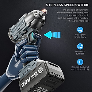 WSSEY 1/2 Inch Cordless Impact Wrench with 4.0Ah Battery, 4000mAh Capacity, 2800-2300 RPM Speeds, Ergonomic Handle, LED Work Light, Metal Hook for Hanging