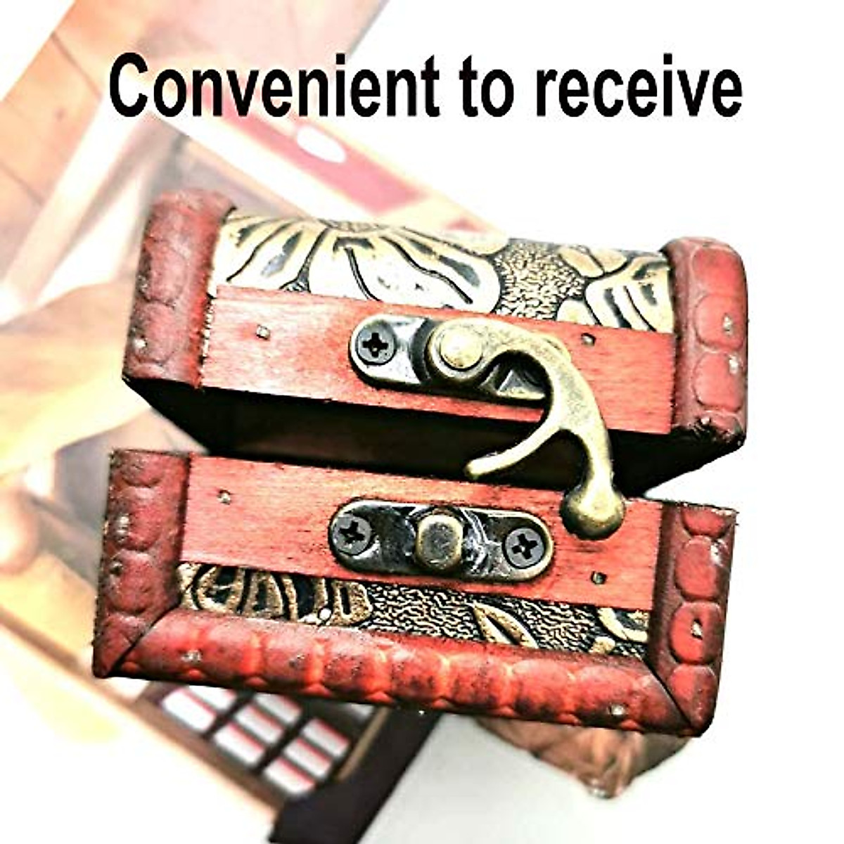 Markeny 4 Styles Pattern Wooden Rings Case Box Little Treasure Chest Vintage Handmade Box with Mini Metal Lock for Storing Jewelry Treasure Pearl