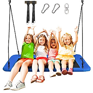 Goplus 700LBS 60 Inch Giant Platform Tree Swing for Kids and Adults, Indoor Outdoor Adjustable Rectangle Swing w/ 2 Hanging Straps & Steel Frame, Waterproof Swing Set for Porch Backyard (Navy Blue)
