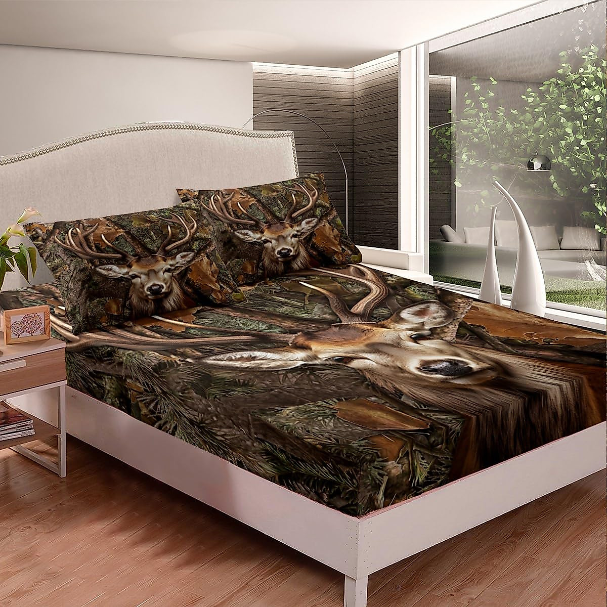 Camo Deer Kids Sheet Full Size,Dead Branches Wild Animals Hunting Bedding Set,Boys Girls Adults Room Decor,Rustic Farmhouse Camouflage Brown Retro Bed Sheet Set 4pcs(Fitted + Flat + 2 Pillowcases)