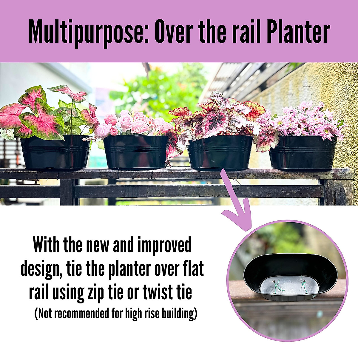 LaLaGreen Railing Planter Outdoor Plants (2 Pack, 11.2 Inch) Black Metal Iron Hanging Flower Pots Deck Rail Fence Hanging Bucket Modern Countryside Style Window Box Plant Holder with Hooks Porch Decor