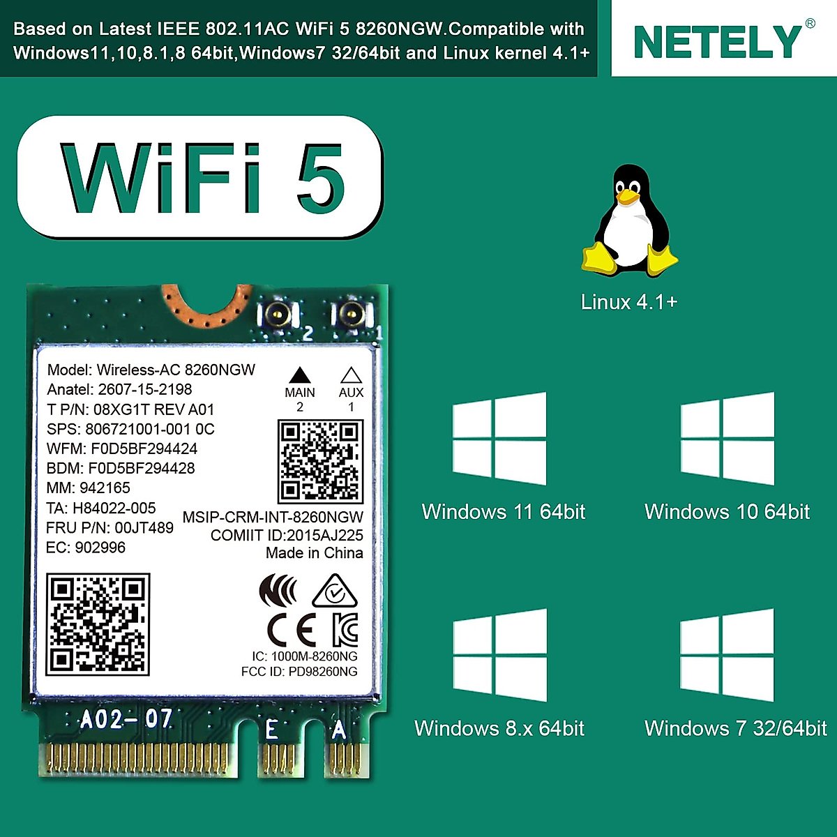NETELY Wireless-AC 8260NGW NGFF M2 Interface 1200Mbps WiFi Adapter with Bluetooth 4.2, Intel Wireless-AC 8260NGW, Wireless-AC 2.4GHz 300Mbps & 5GHz 867Mbps WiFi Network Card (Wireless-AC 8260NGW)