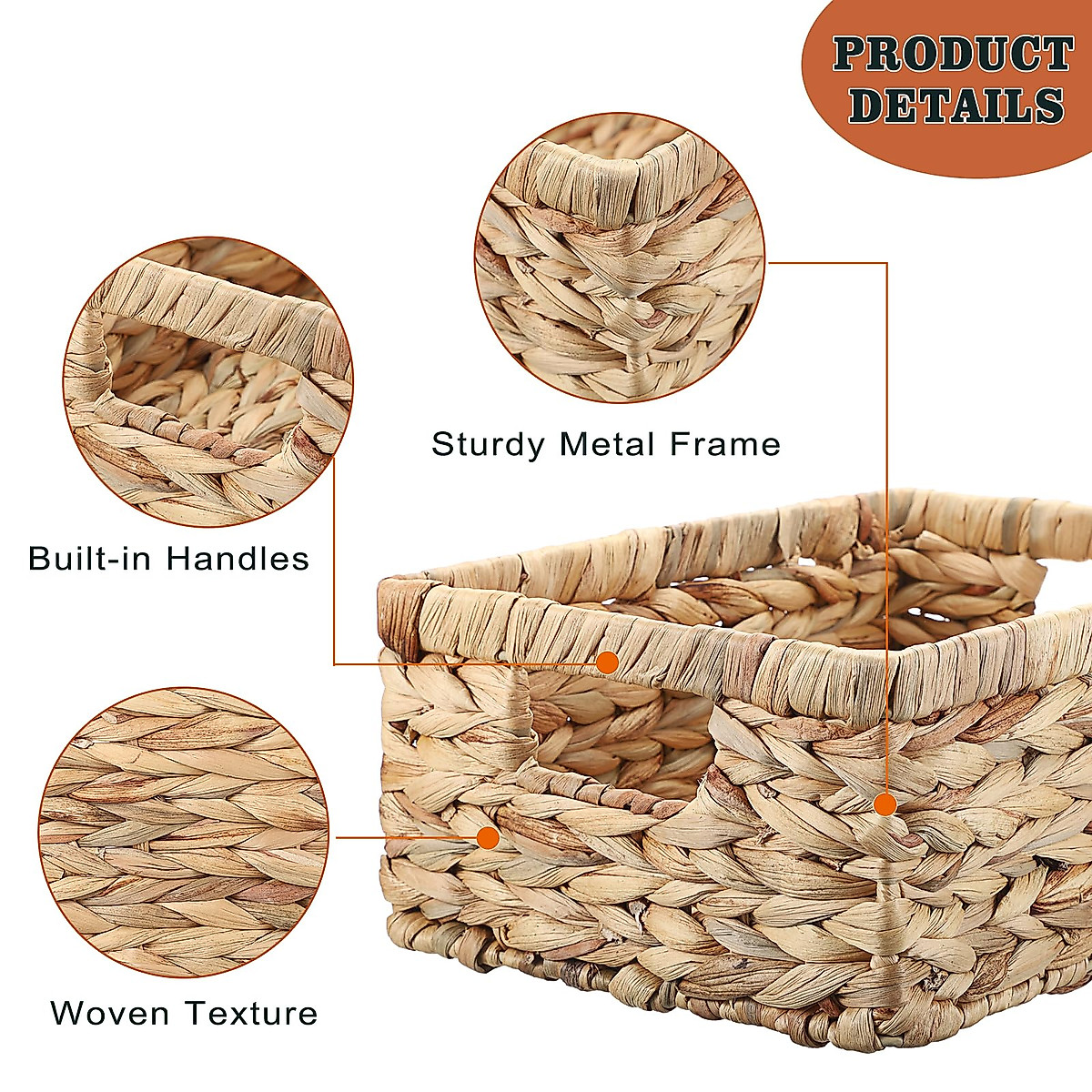 Hipiwe Water Hyacinth Storage Basket Bin Handwoven Decorative Basket Wicker Basket Box with Handles Small Open Home Storage Bins Containers for Shelf Pantry Organizing,12”x9"