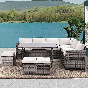 JETEAGO 7 Piece Patio Furniture Set Wicker Conversation Set Outdoor Garden Sectional Rattan Sofa with Dining Table,Ottoman for Yard Poolside, Beige