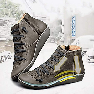 Toxz Women's Fashion Leather Lace-up Boots Casual Side Zipper Round Toe Arch Support Ankle Boots Comfy Flat Shoes Grey