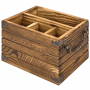 MyGift Rustic Burnt Wood Dining Utensil Holder for Kitchen Counter, Flatware Serving and Napkin Holder Caddy with Antique Metal Wraps and Handles