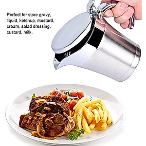FOXDISK 304 Stainless Steel Double Insulated Gravy Boat 16 oz with Hinged Lid,Sauce Jug and Steak Sauce Pot Double Walled Insulated Thermal (16 oz/450ml)