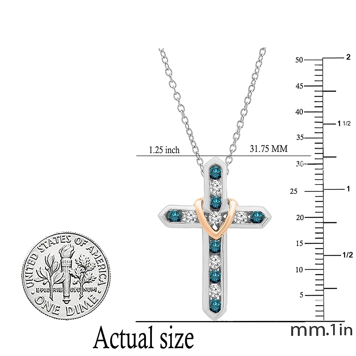 Dazzlingrock Collection Round Blue Diamond & White Sapphire Ladies Heart And Cross Pendant (Silver Chain Included), 10K White & Rose Gold