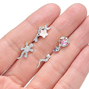 Tornito 12Pcs Dangle Nose Rings Stud L Shaped Nose Studs Flower Heart Arrow Feather Snake Gecko Snowflake Wing CZ Dangling Nose Piercing Jewelry for Women Men Silver Tone