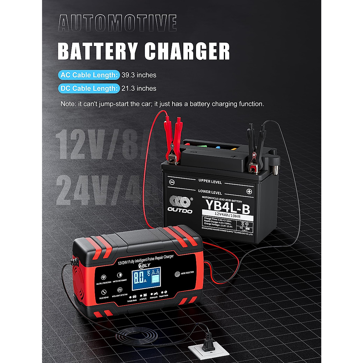 ABLY Battery Charger 8-Amp - 12V and 24V Automotive Trickle Charger for Car Battery, Fully-Automatic Temperature Compensation, Battery Maintainer for Car Truck Motorcycle Lawn Mower Boat Marine