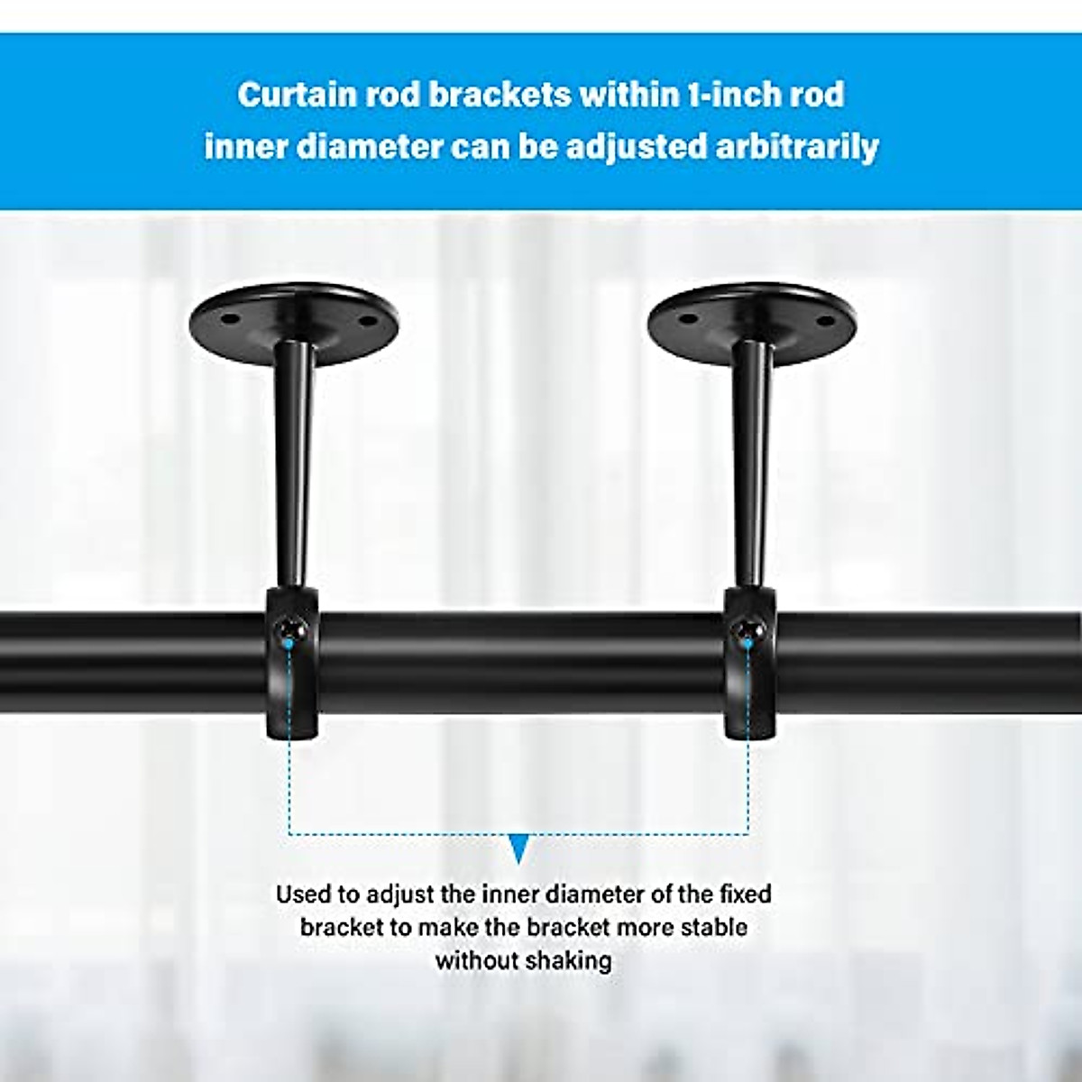 Hotop Ceiling-Mount Curtain Rod Bracket Adjustable Curtain Rod Holders Wardrobe Pole Holder for Home Kitchen Shelf Closet Shower Wall Window Room with Screws (Black,6 Pieces)