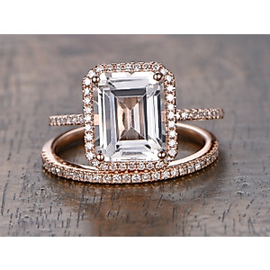 White Topaz Engagement Ring Set Diamond wedding ring 14K Rose Gold 10x8mm Emerald Cut Stone Promise