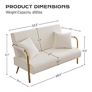 Wrofly 59" Small Loveseat Sofa, Modern 2 Seater Sofa Couch, Upholstered Love Seat Couch with 2 Pillows, Gold Metal Legs, Perfect for Living Room, Bedroom, Small Space, Beige White Velvet