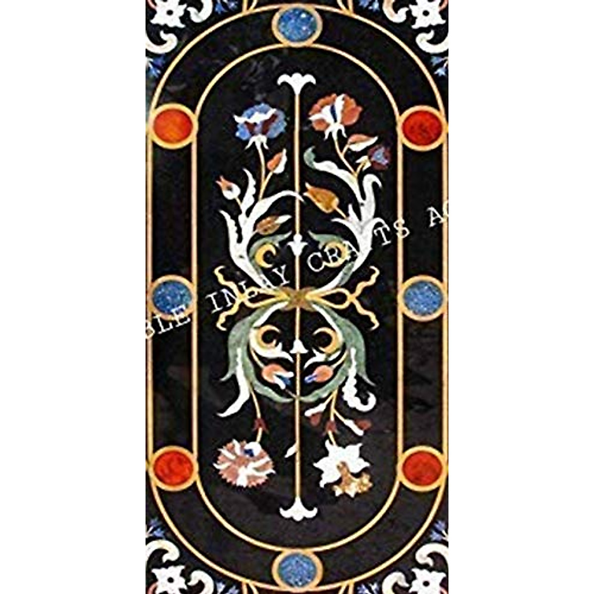 72" X 48" Inch Black Marble Coffee Table Rectangle Hand Made Inlaid With Natural Semiprecious Stones Marquetry