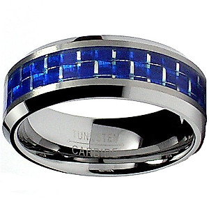 Metal Masters 8MM Flat Top Tungsten Carbide Ring Wedding Band W/Blue Carbon Fiber Inlay Size 8.5