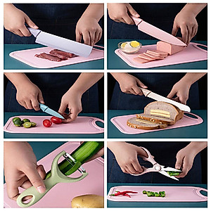 Colorful Kitchen Knife Set, 7 Pieces Sharp Kitchen Knives Set Including Cuchillos, Scissors, Peelers, Cutting Board - Stainless Steel Blade Knife for Slicing, Paring, Chopping, Cooking Knife