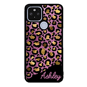 Leopard Skin Pink Gold Foil Personalized Black Rubber Phone Case Compatible With Google Pixel 8 Pro, 8a, 8, 7a, 7, Pixel 7 Pro, 6a, 6 Pro, 6, 5, 4a 5G, 4a 4G, 4, 4 XL, 3a, 3a XL, 3, 3 XL, 2 XL, 2