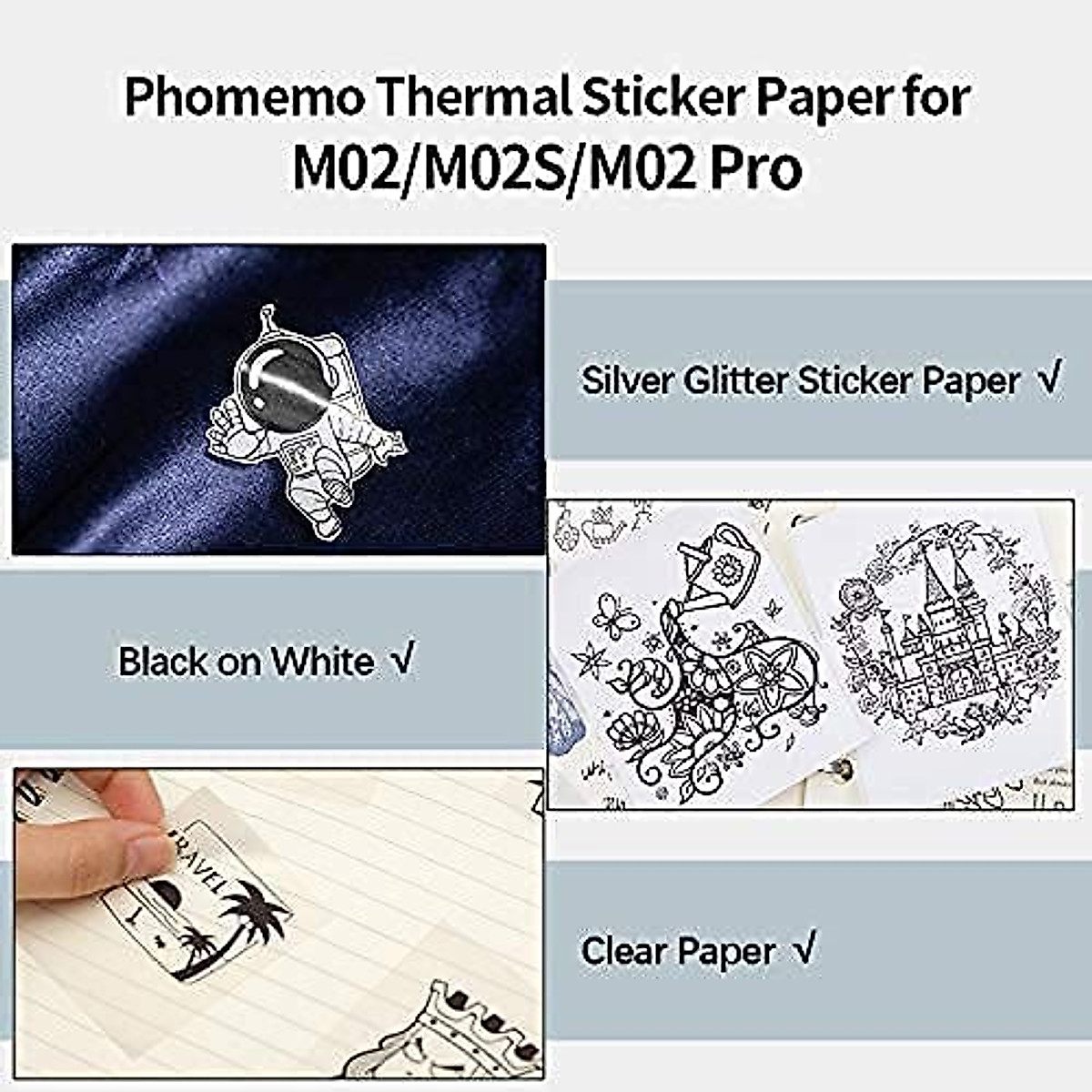Phomemo M02 Mini Bluetooth Label Maker with 1 White/Clear/Silver Glitter Sticker Paper, Pink
