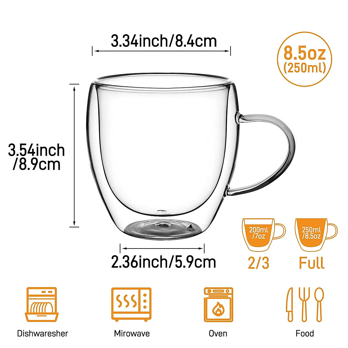 Dyserbuy Double Wall Glass Coffee Mugs Set of 4, 8.5oz Insulated Espresso Cups Coffee Cups, Drinking Glasses with Handle, Perfect for Latte,Cappuccino,Hot Chocolate,Tea and Juice
