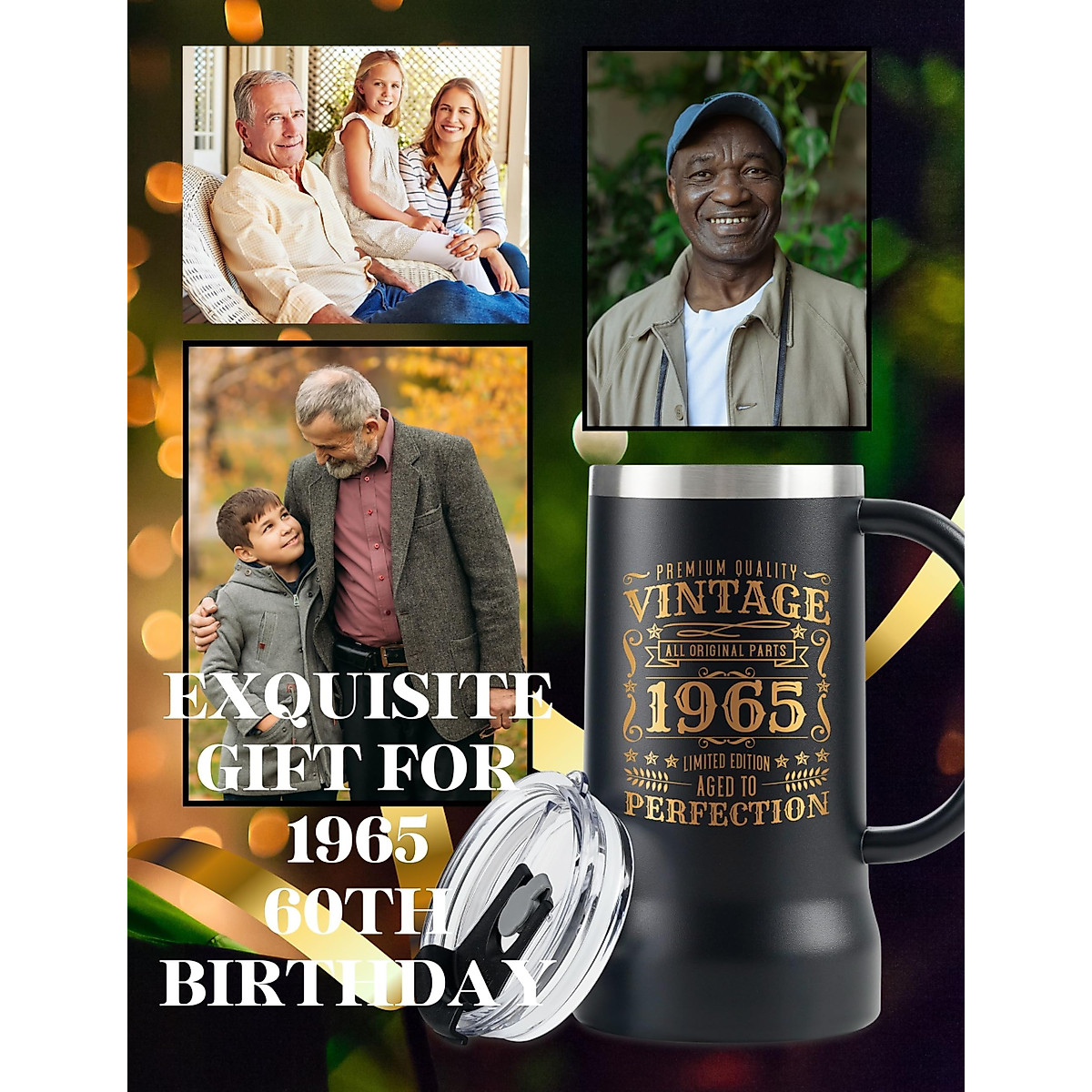 Onebttl 60th Birthday Gifts for Men, Dads, Grandfathers, Granddads, Husband, Uncles, Vintage 1965 Birthday Beer Stein, 24oz Stainless Steel Travel Mug, Black