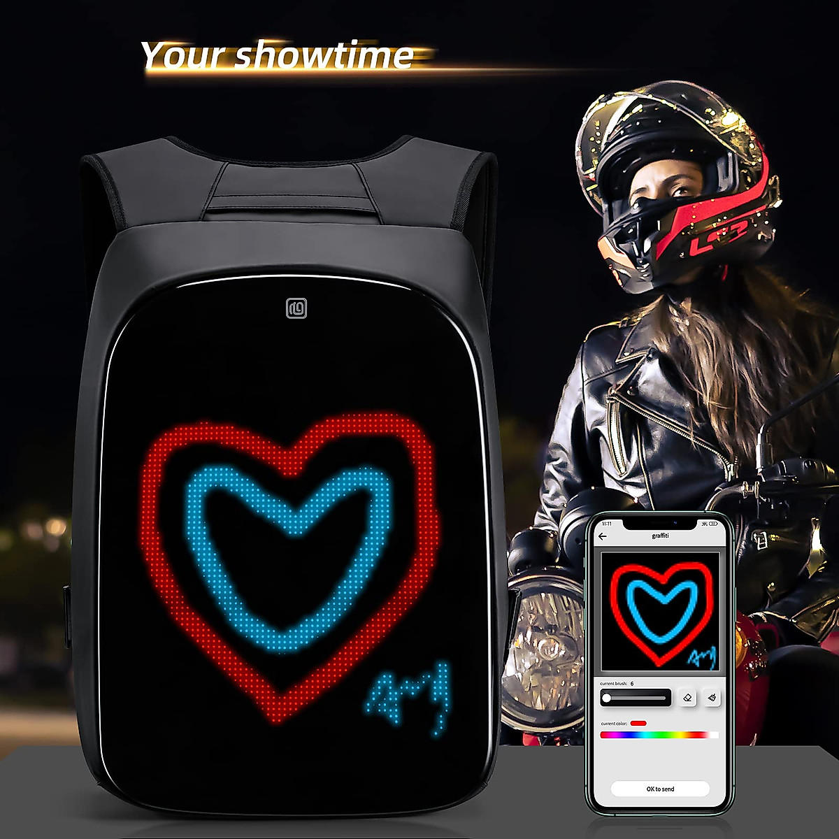 Gelrova LED Motorcycle Helmet Backpack Rampage Serise, 17 Inch Cool DIY Pixel Art Animation Fashion LED Display LaptopProgramming Backpack, Unique Gift for Men or Women